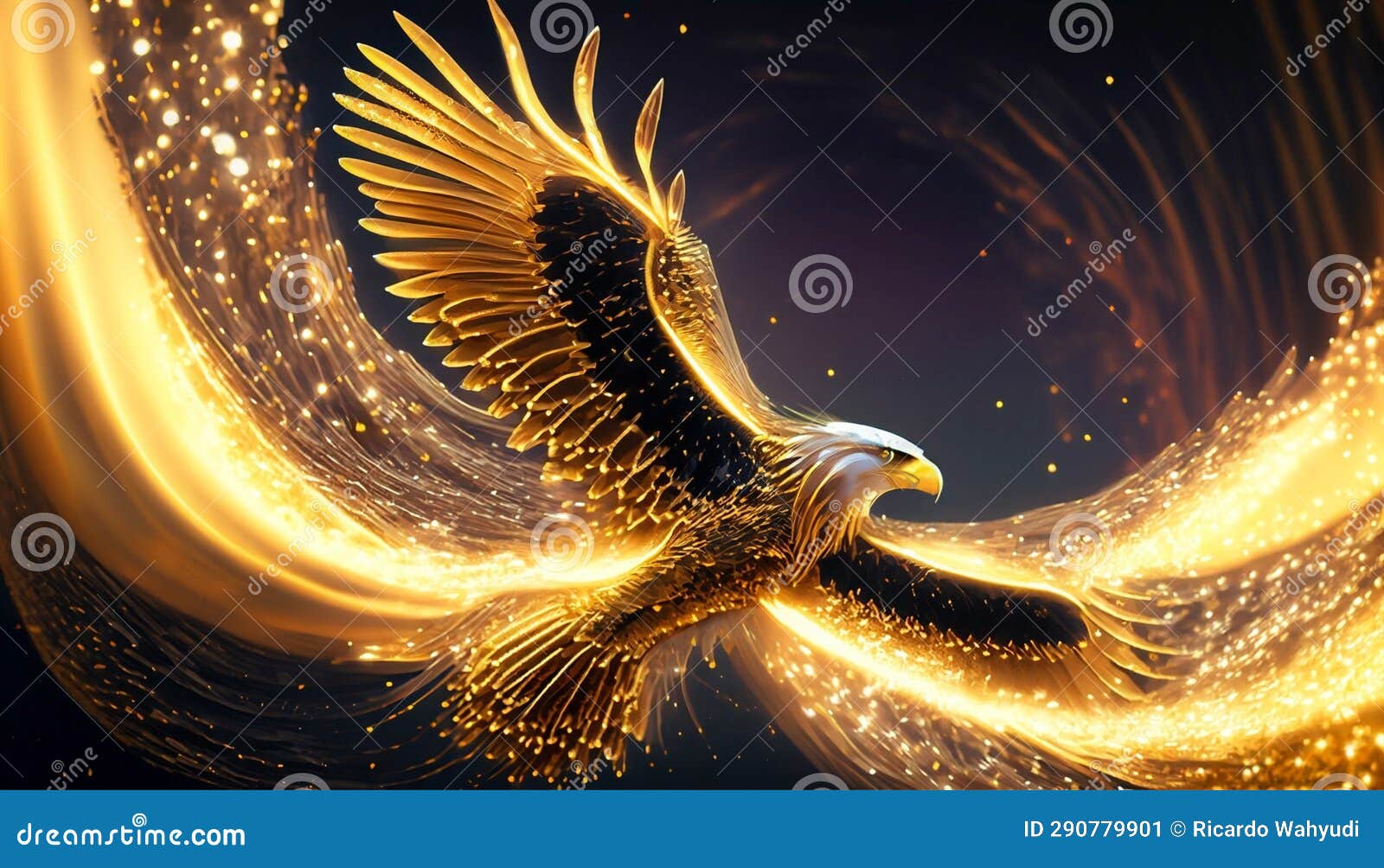 A Golden Eagle Flying in the Sparkle Glitter Background Stock ...