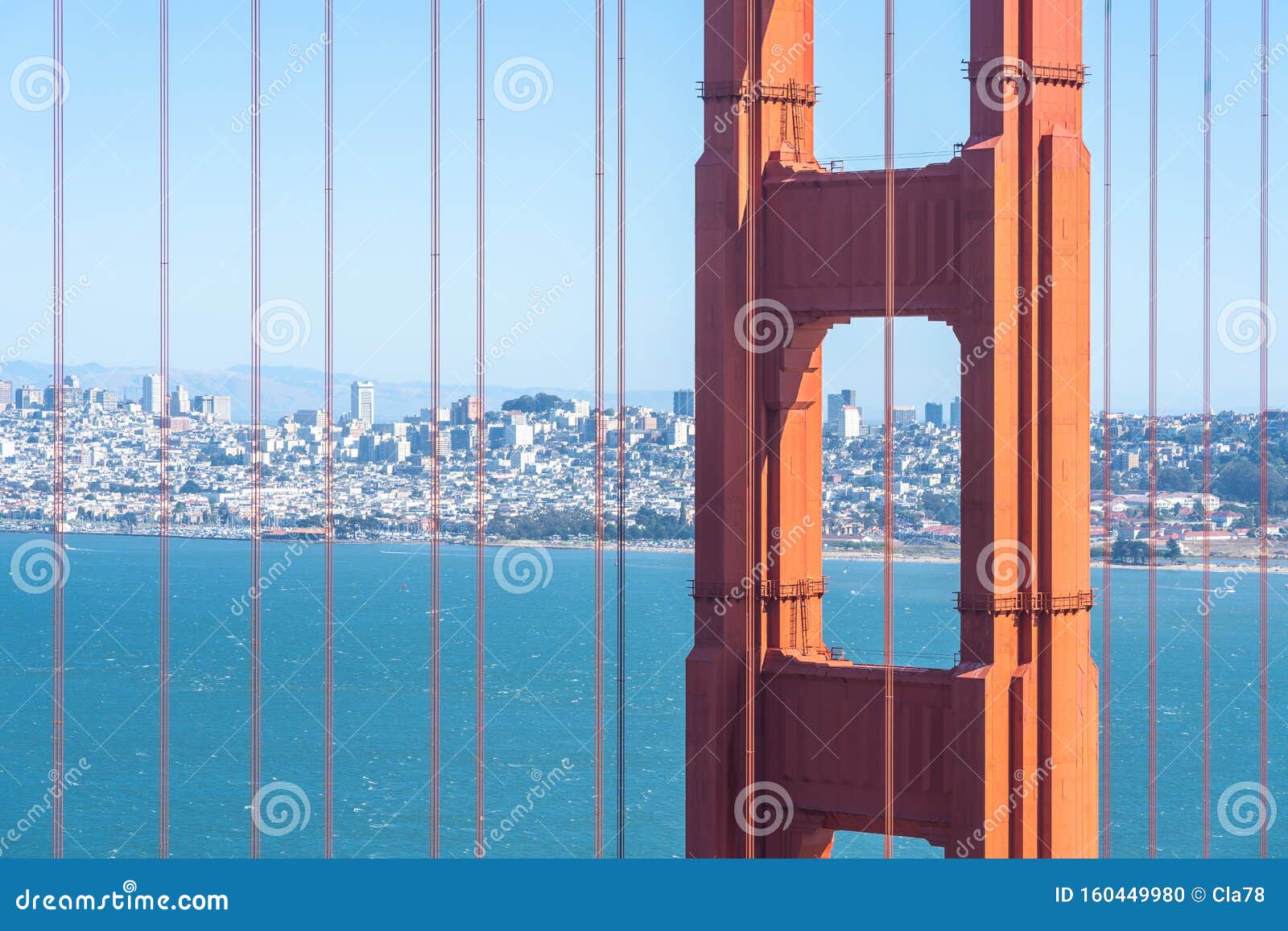 Close Up of Golden Gate Bridge with San Francisco Skyline Stock Photo ...