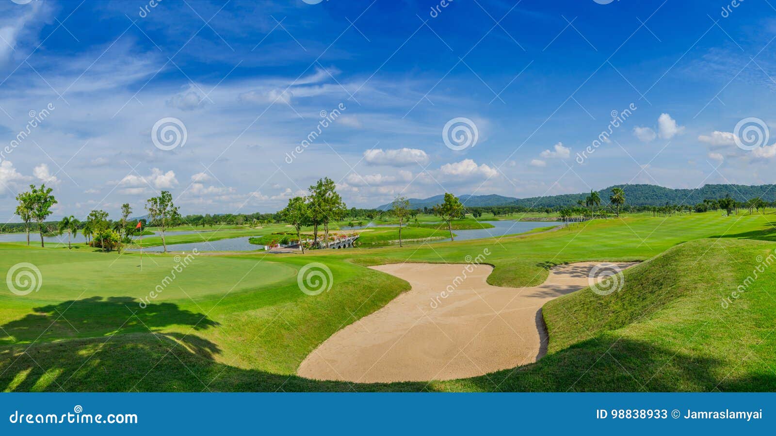 Golf Course Green Under Blue Cloud Sky for Scene Background Stock Image ...