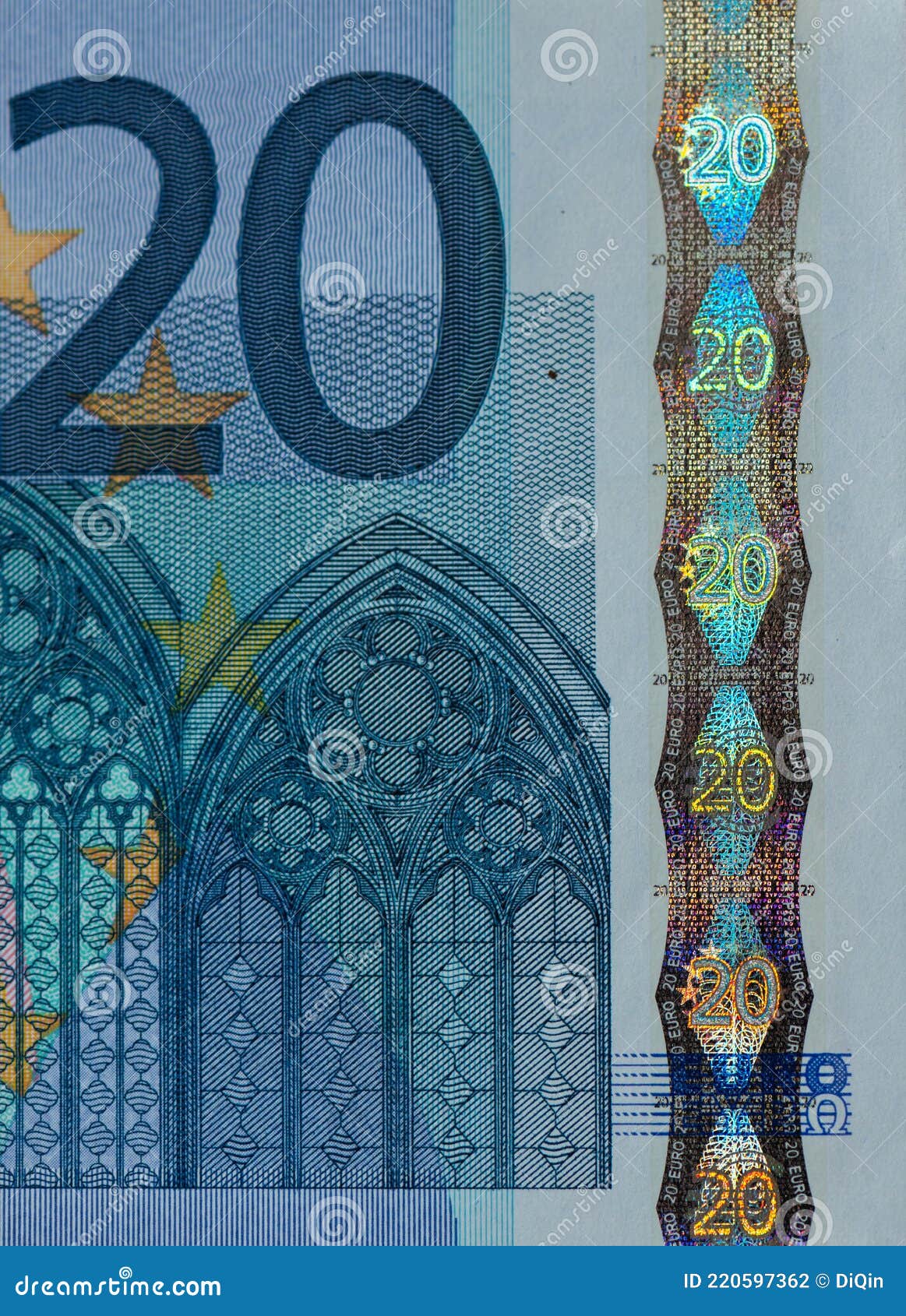 Window in Gothic Architecture and Security Features on 20 Euro Banknote ...