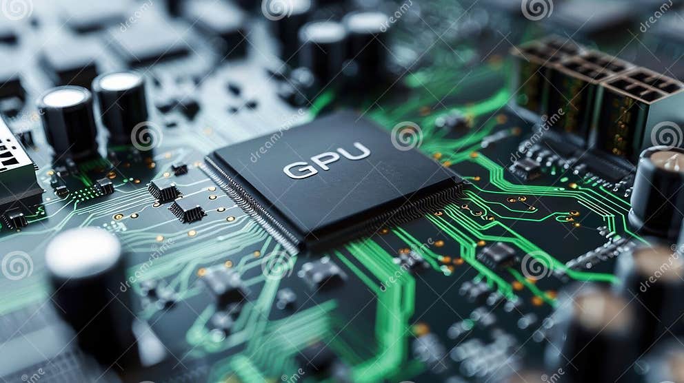 Close-up of a GPU on a Circuit Board with Glowing Green Lines and ...
