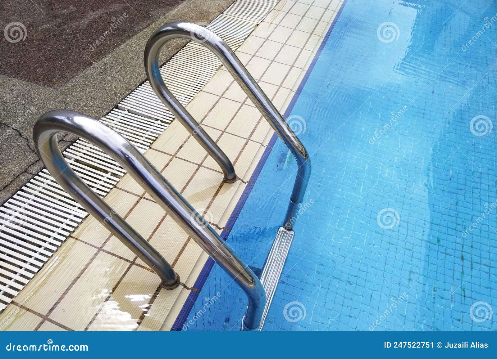 Close Up Grab Bars Ladder in the Blue Swimming Pool Outdoors. Stock ...