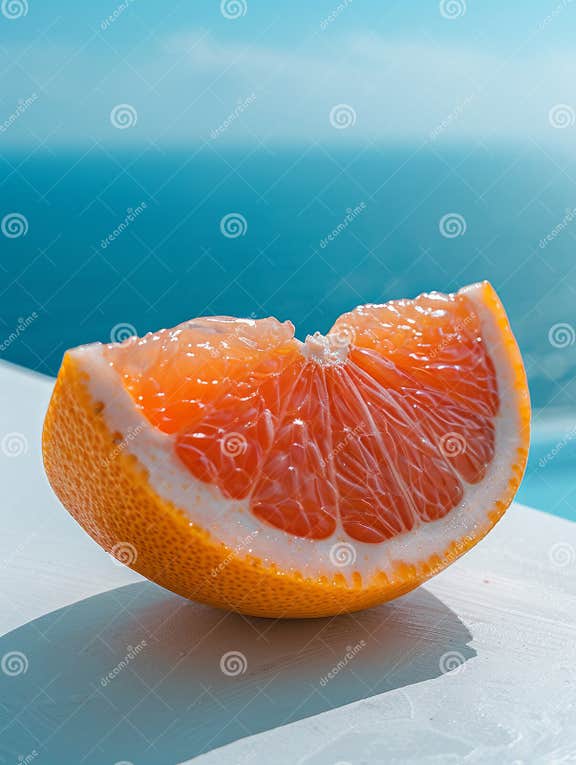 Close-up of a Grapefruit Slice with Ocean in the Background. Stock ...