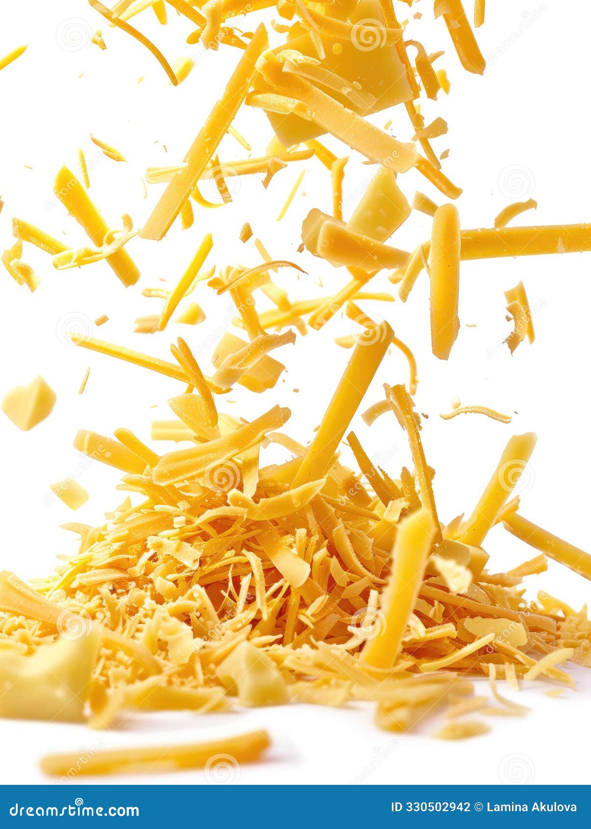 Close Up of Grated Cheddar Cheese Falling and Piling Up on White ...