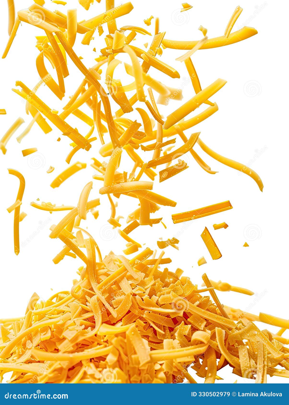 Close Up of Grated Cheddar Cheese Falling and Piling Up on White ...