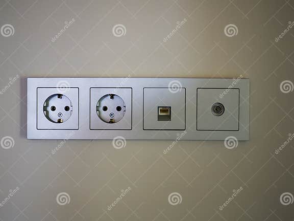 Close-up of a Gray Four Module Socket. Double Electrical Socket ...