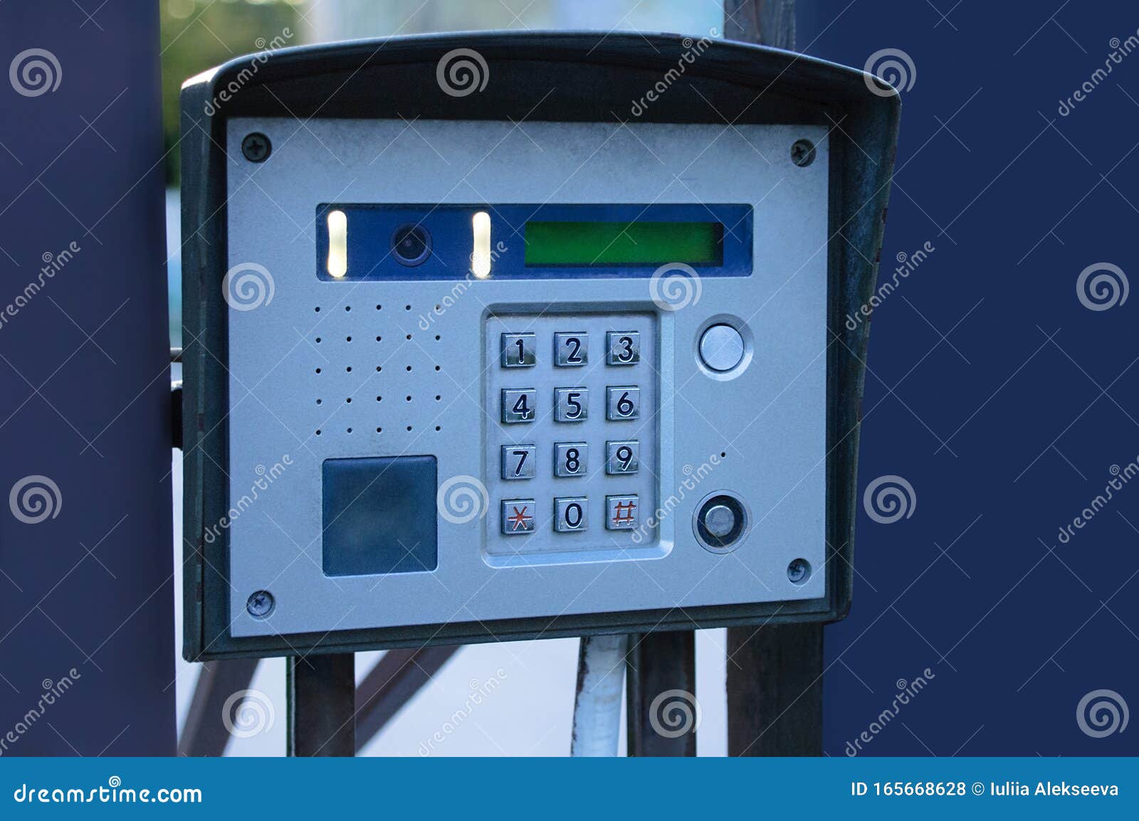 Close-up Gray Iron Intercom on Metallic Blue Fence Stock Illustration ...