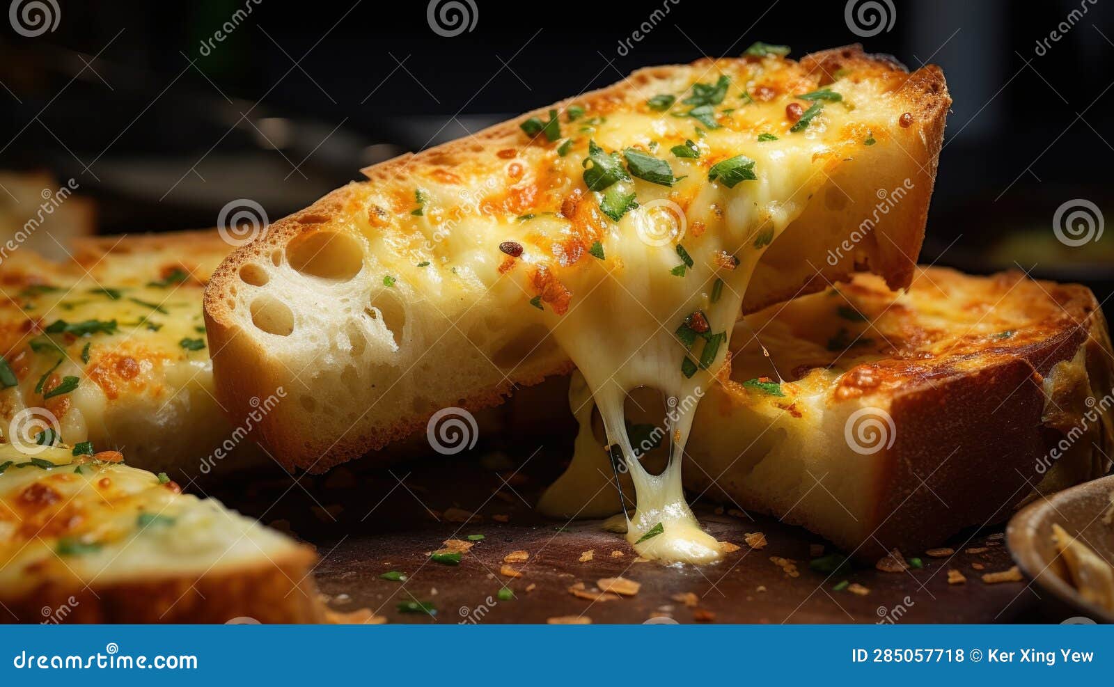 Close-up of a Greasy and Cheesy Slice of Garlic Bread Stock ...