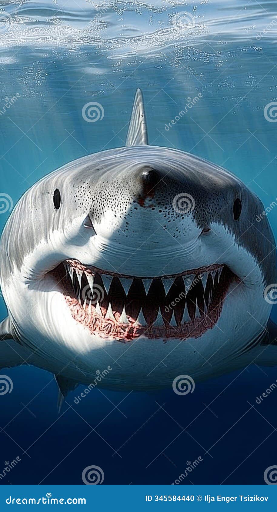 Close-up of a Great White Shark with Its Mouth Open, Showcasing Rows of ...