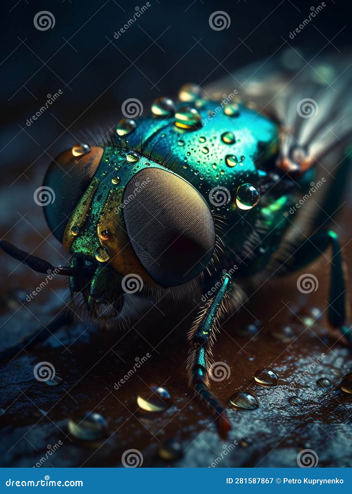 Close-up of a Green Fat Fly on a Wet Surface in Dramatic Lighting. AI ...