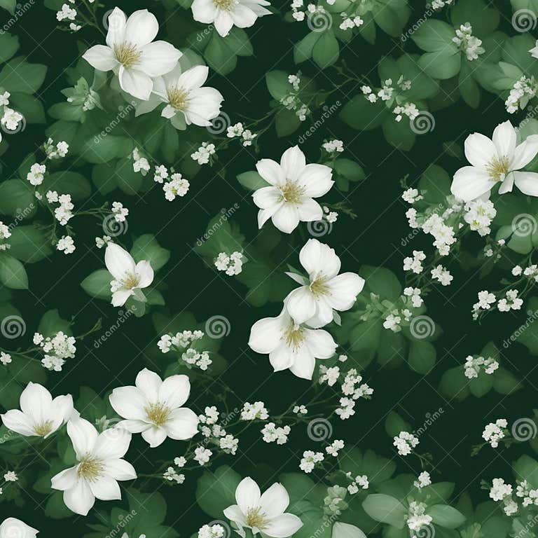 A Close-up of a Green Flower Pattern Background with White Flowers. AI-Generated. Stock ...