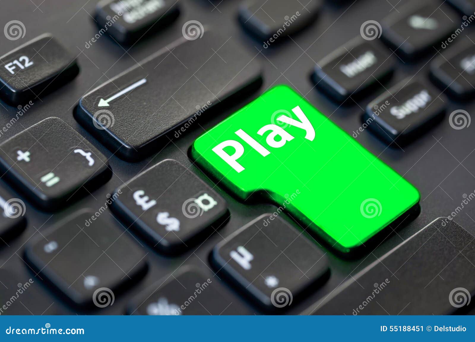 Close Up of a Green Return Key with the Word Play on Computer Stock ...