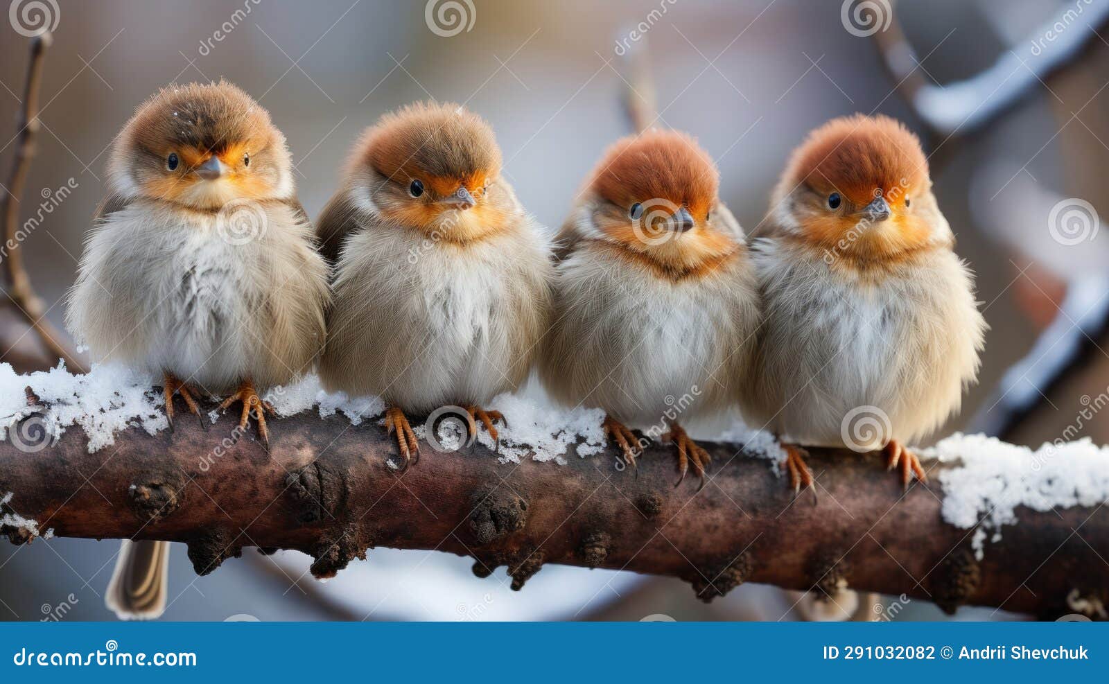 Close Up of a Group of Four Sparrows on a Tree Branch in Winter Stock ...