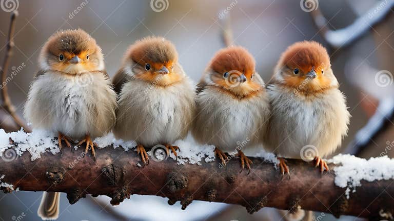 Close Up of a Group of Four Sparrows on a Tree Branch in Winter Stock ...