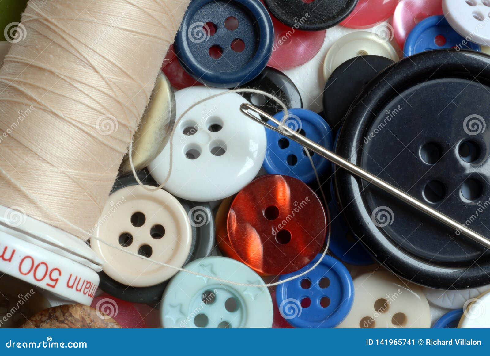 Spool of Thread, Sewing Needle and Plastic Buttons Stock Image - Image ...