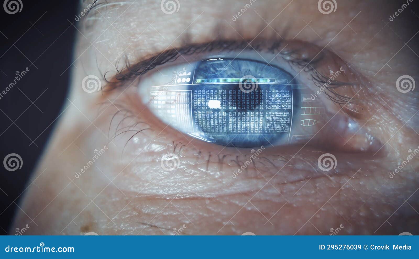 Hacker with Blue Colored Iris and Computer Code. Graphics Stock Image ...