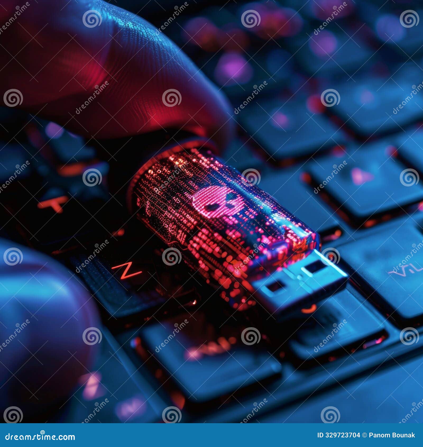 A Close-up of a Hacker Hand Holding a USB Drive, Its Surface Displaying ...
