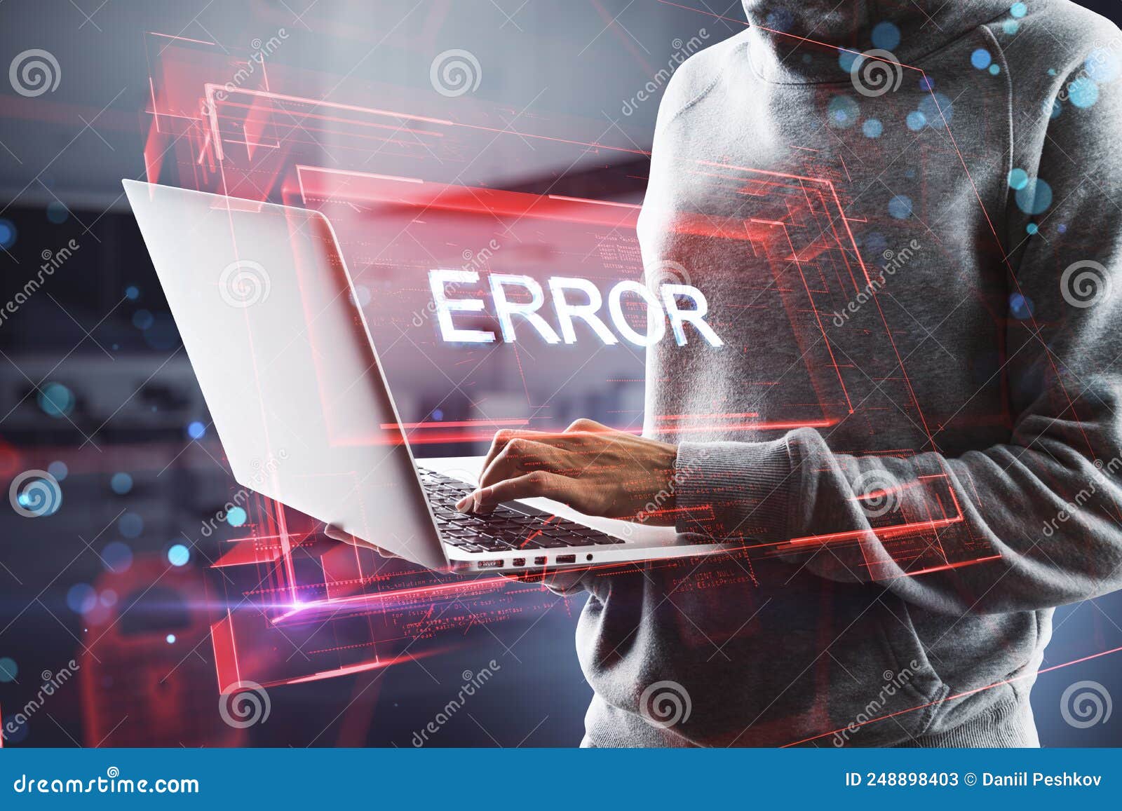 Close Up of Hacker Hands with Abstract Red Error Hologram. Connection ...