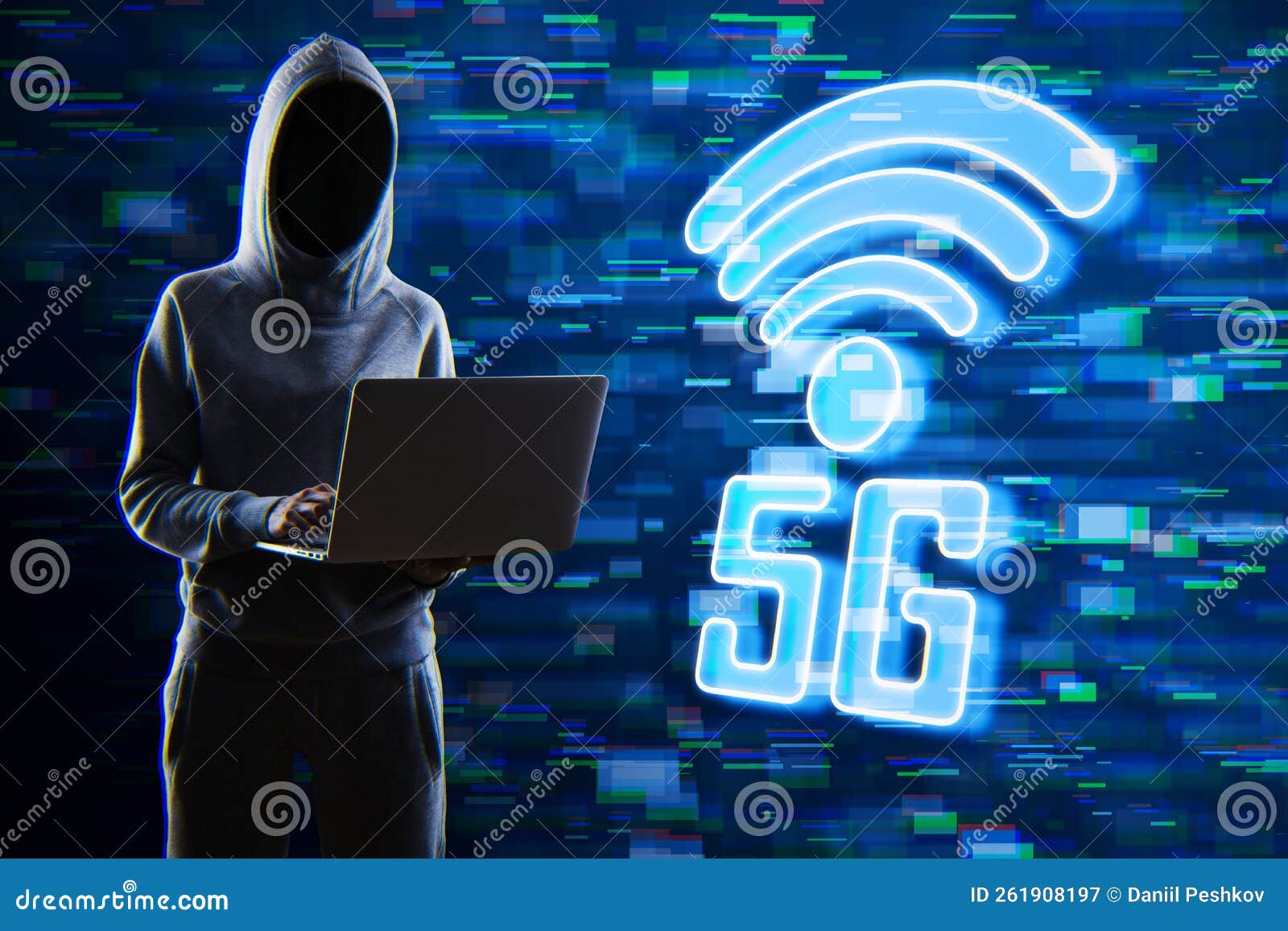 Close Up of Hacker Hands Holding Laptop Computer with 5G Glitchy Icon ...