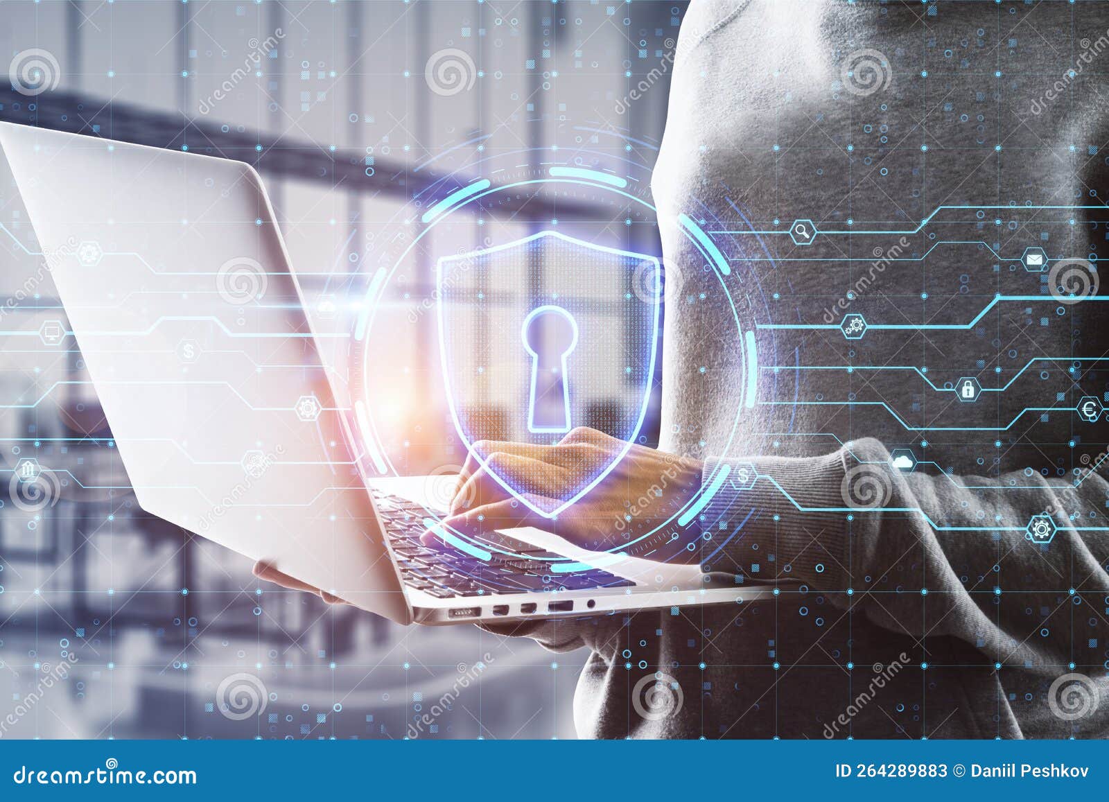 Close Up of Hacker Hands Using Laptop with Glowing Circuit Padlock Sign ...