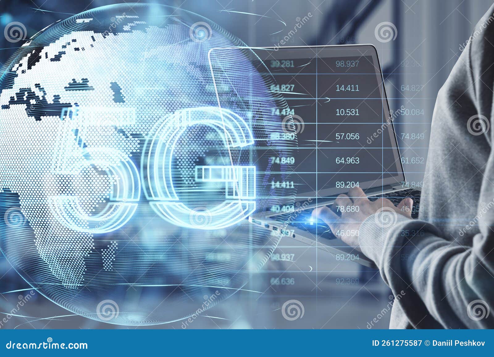 Close Up of Hacker Hands Using Laptop with Glowing Planet Earth Globe ...