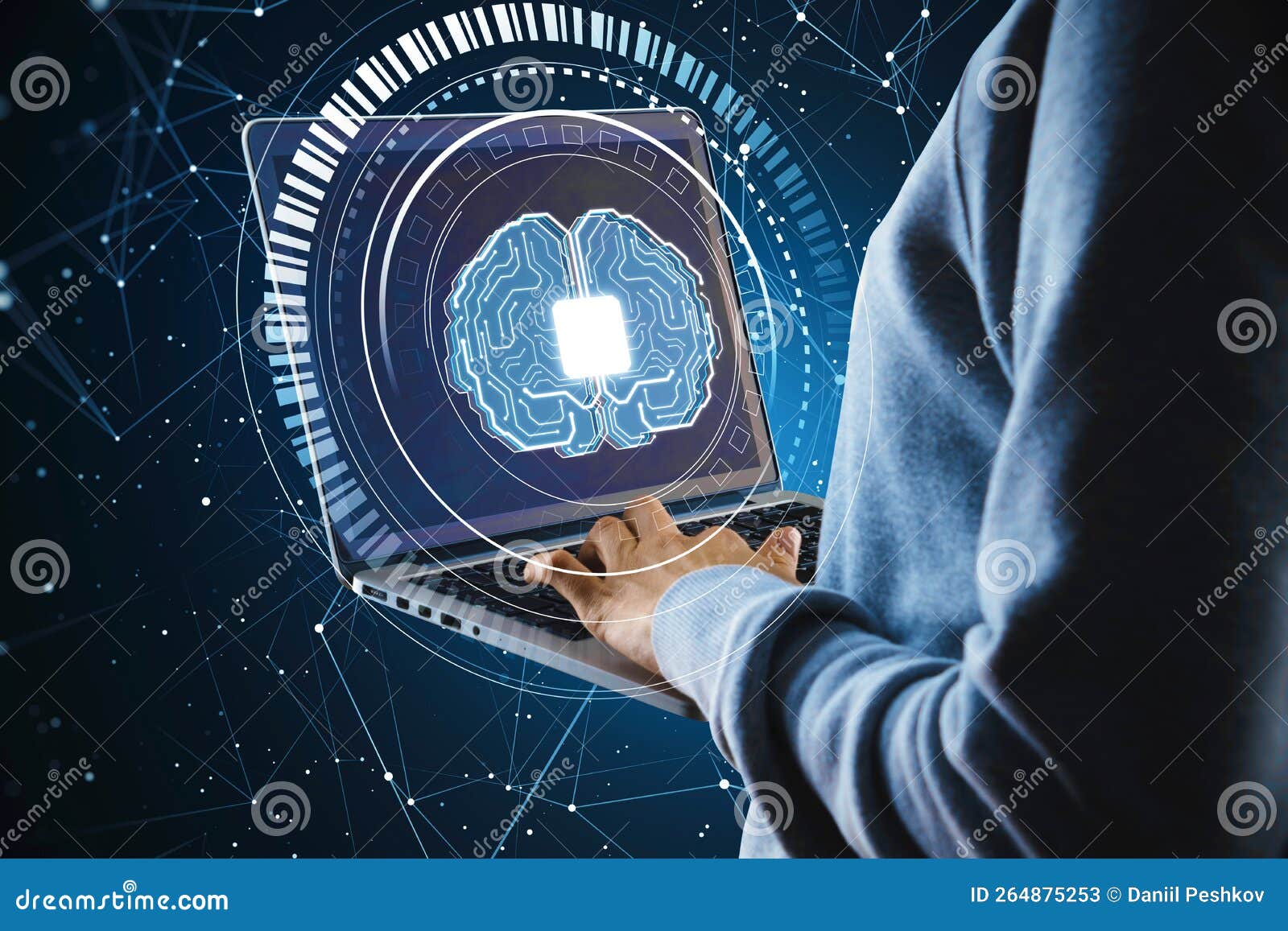 Close Up of Hacker Hands Using Laptop with Glowing Polygonal Chip and ...