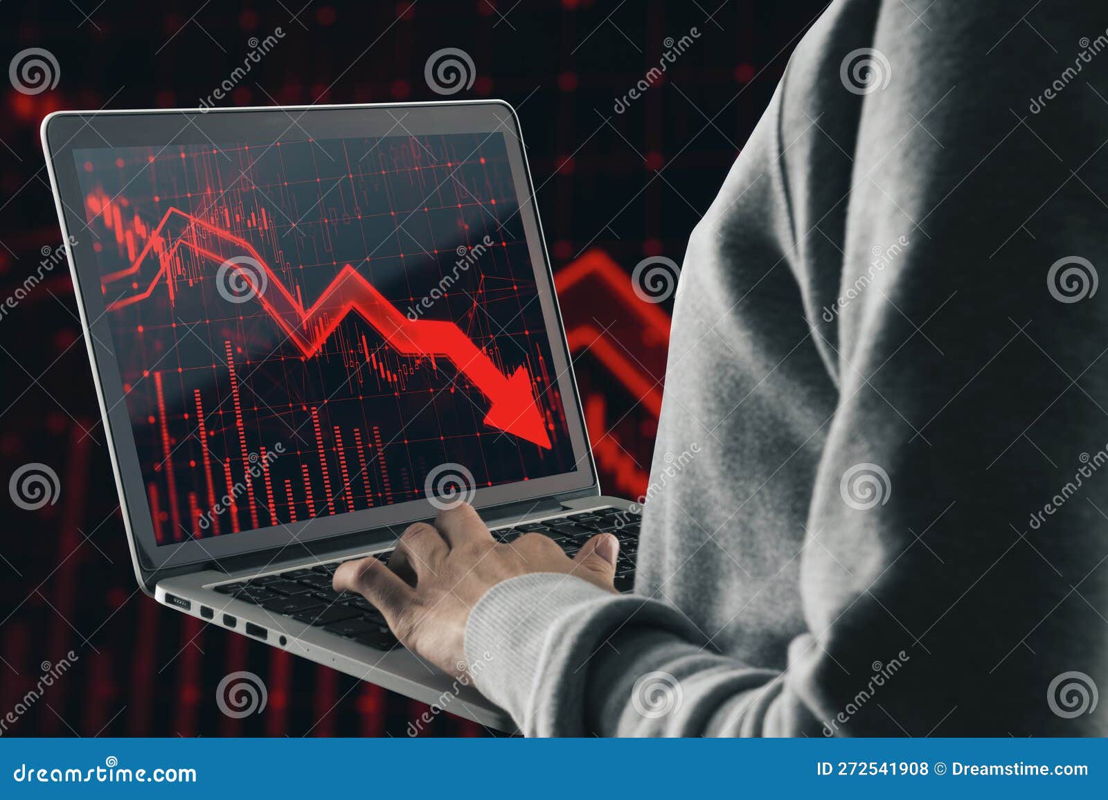 Close Up of Hacker Hands Using Laptop with Red Candlestick Arrow Going ...