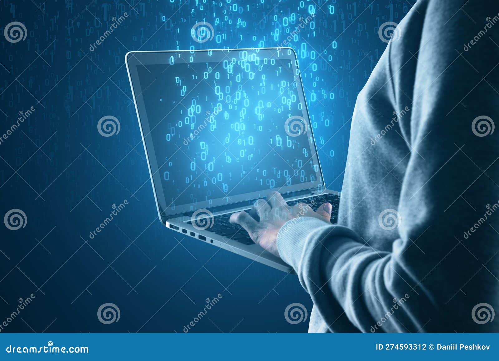 Close Up of Hacker Holding Laptop with Abstract Glowing Binary Code Hologram on Blue Background ...