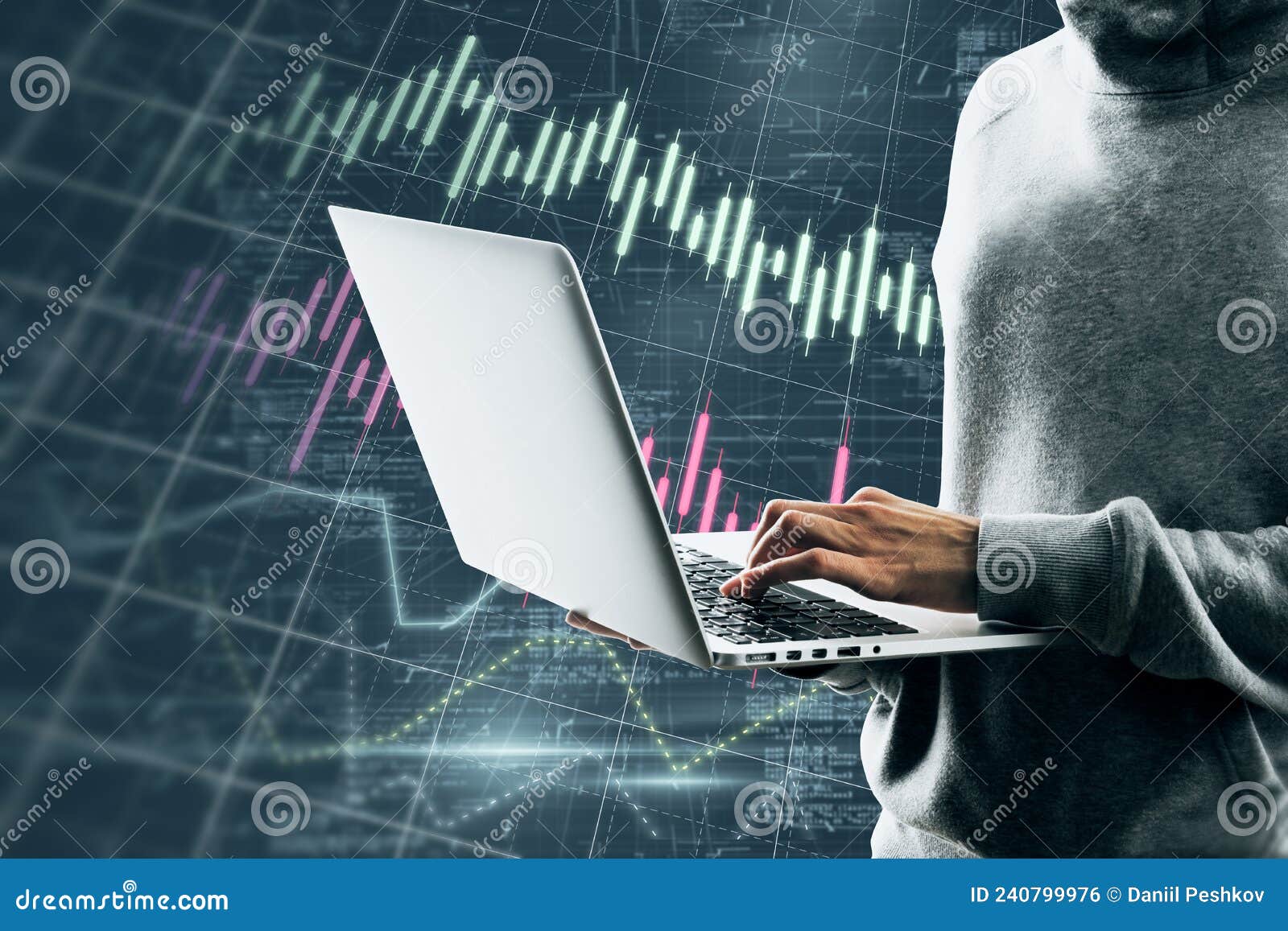 Close Up of Hacker Using Laptop on Abstract Grid Background with Forex ...