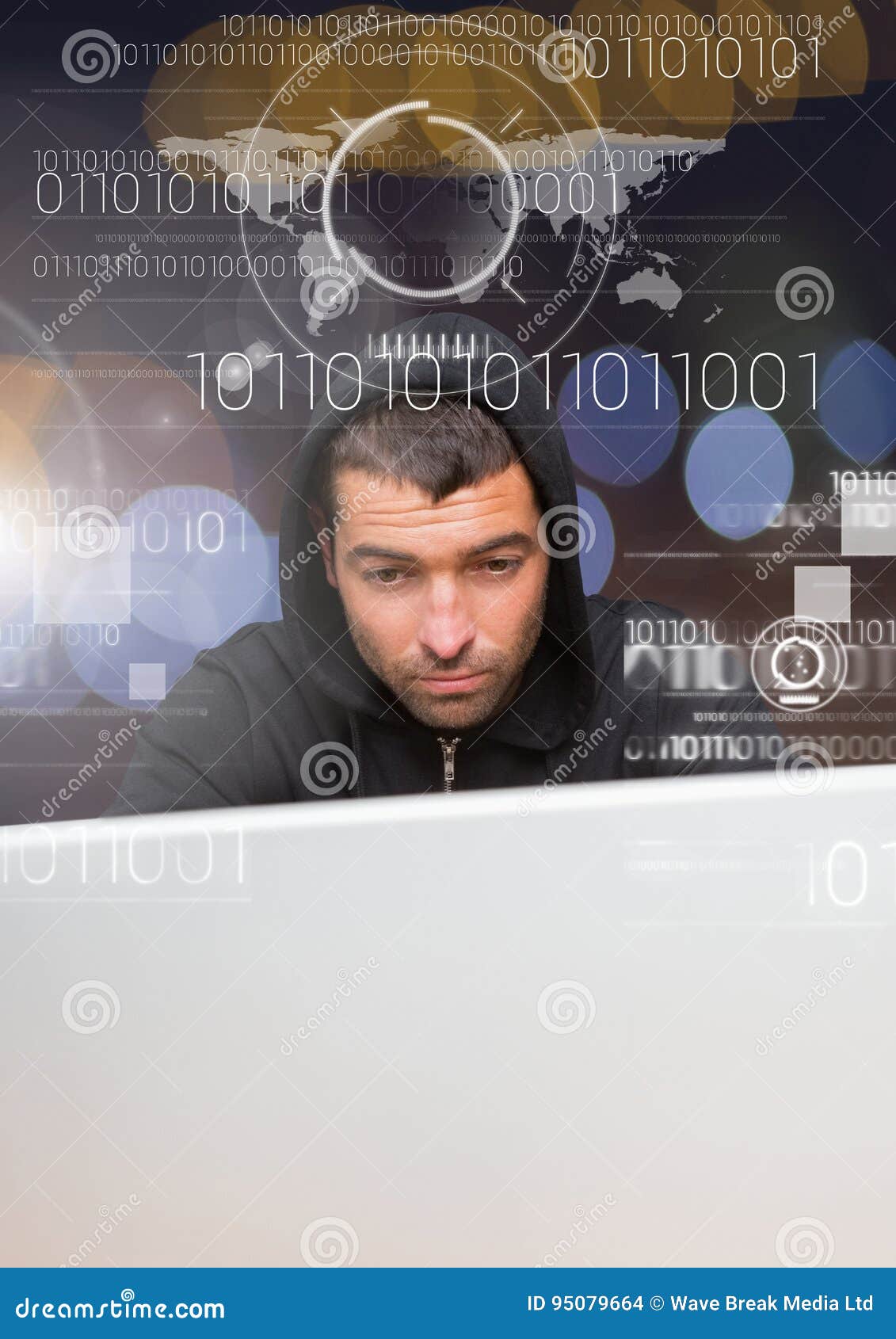 Close Up of Hacker Using a Laptop Behind a Digital Screen Stock Photo ...