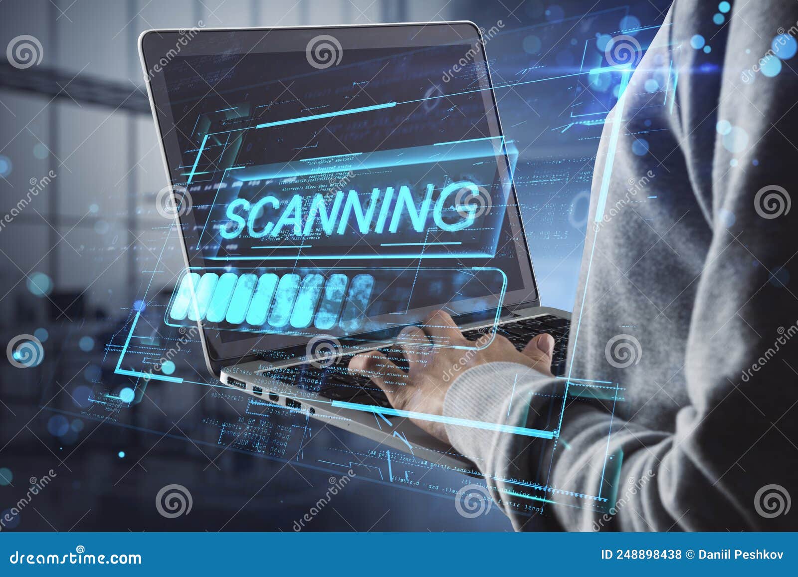 Close Up of Hacker Using Laptop with Scanning Hologram on Blurry Office ...