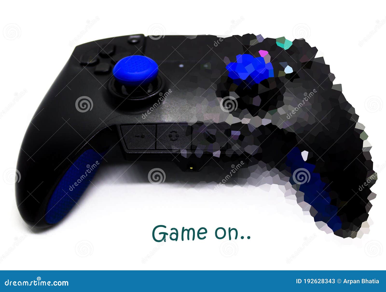 Close Up of Half Partially Pixelated Video Game Joystick / Game Pad Remote Against White ...