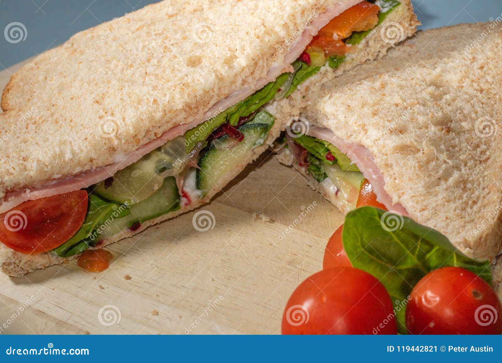 A Close Up of a Ham and Salad Sandwich Cut in Half Stock Image - Image ...