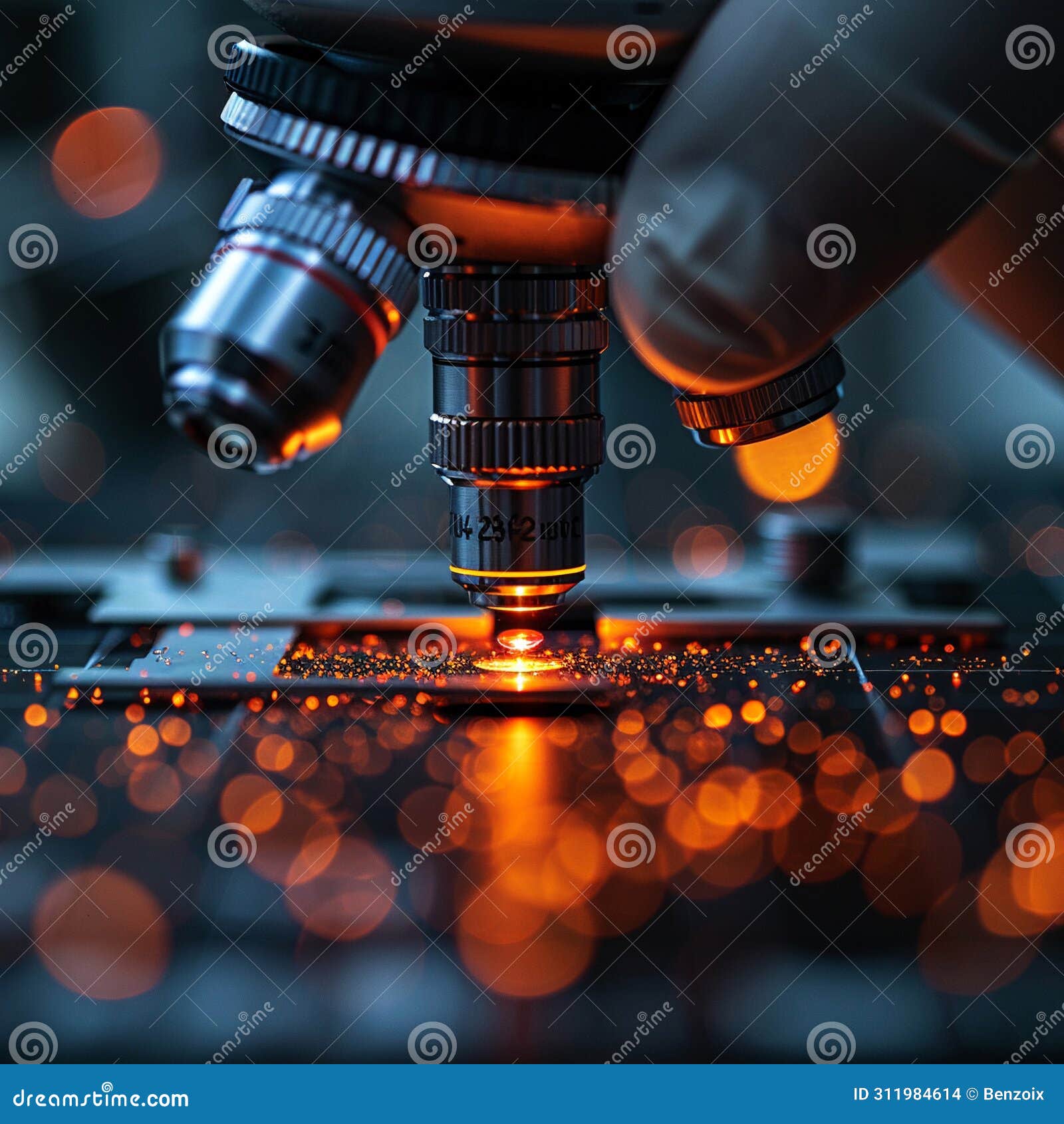 Close-up of a Hand Adjusting a Microscope Showcasing Science Stock ...