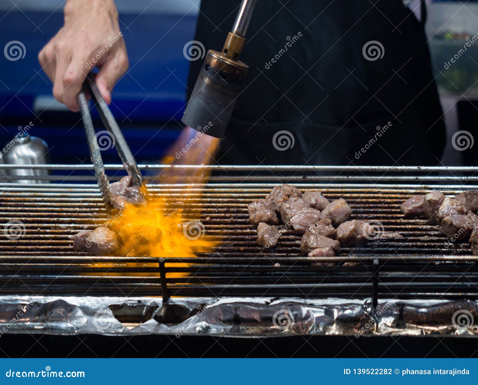 Close Up Hand of Chef Using Flame Torch Burn on Japanese Wagyu Beef ...