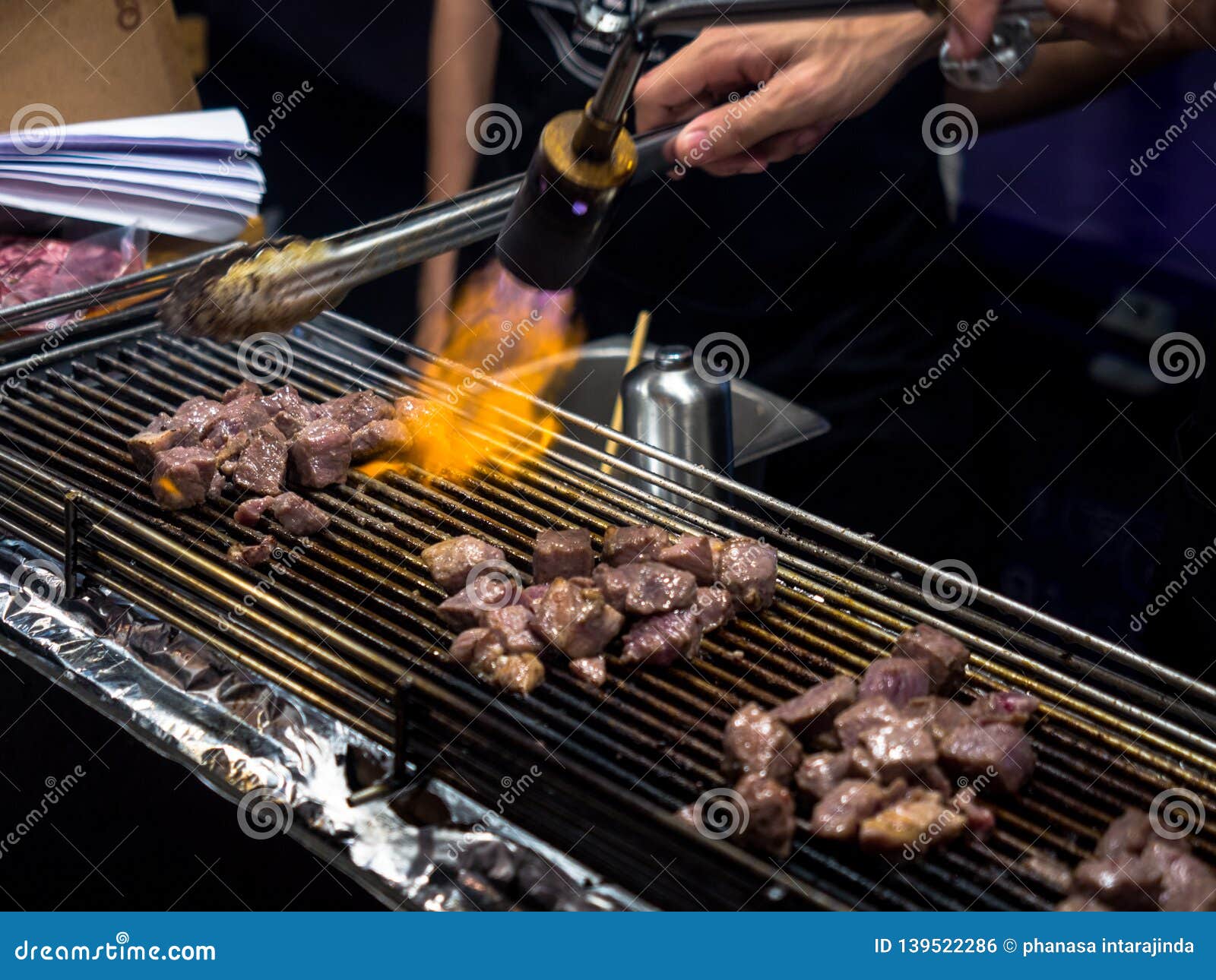 Close Up Hand of Chef Using Flame Torch Burn on Japanese Wagyu Beef ...