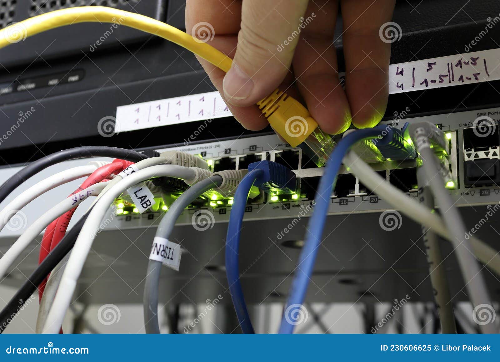 Close-up of a Hand that Connects a UTP Cable To the Switch. View from ...