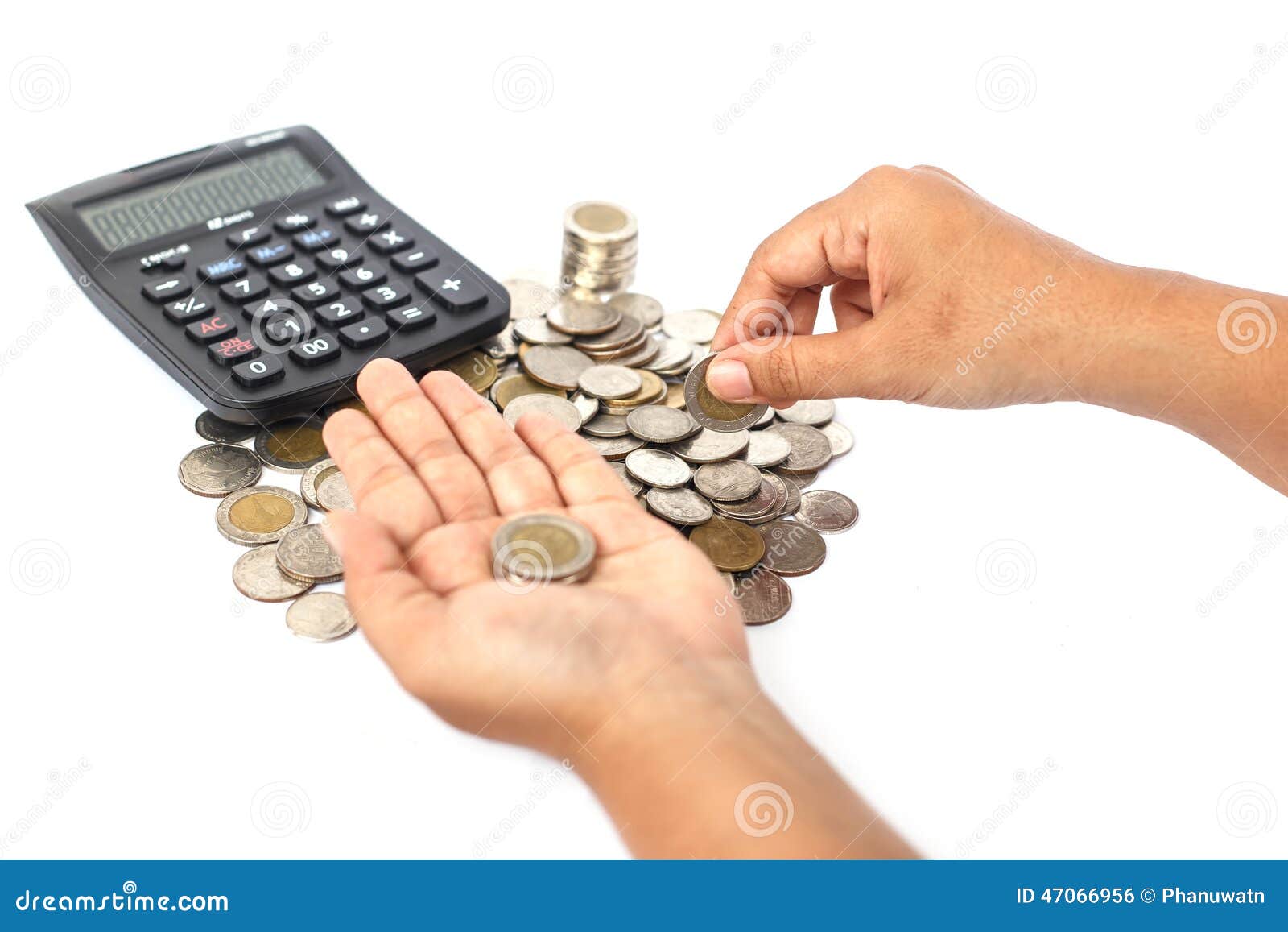 Close Up Hand Count the Coin with Calculator Isolated on White B Stock ...