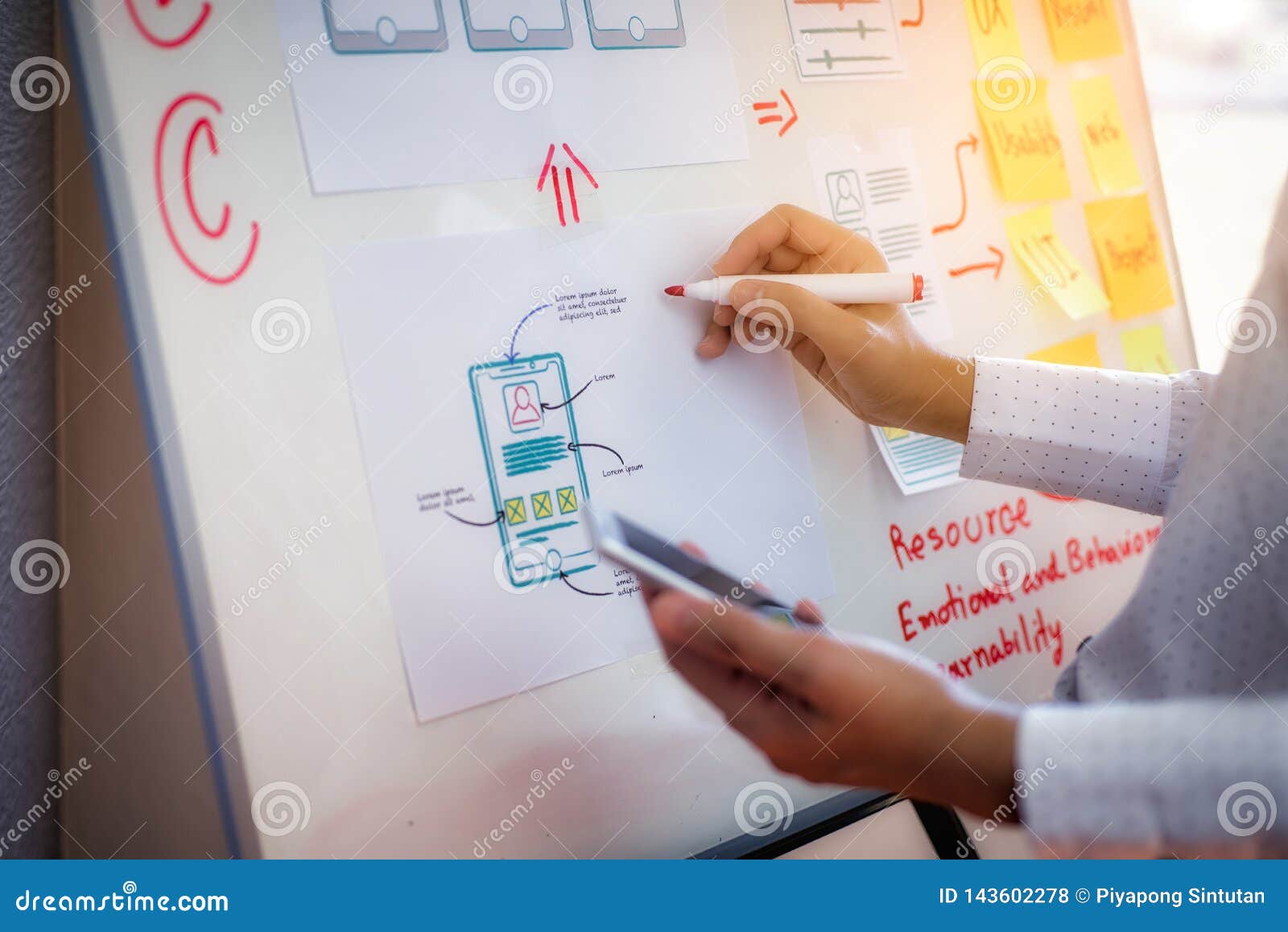 Close-up Hand of Designer Woman Sort Layout of Drawing Application for ...