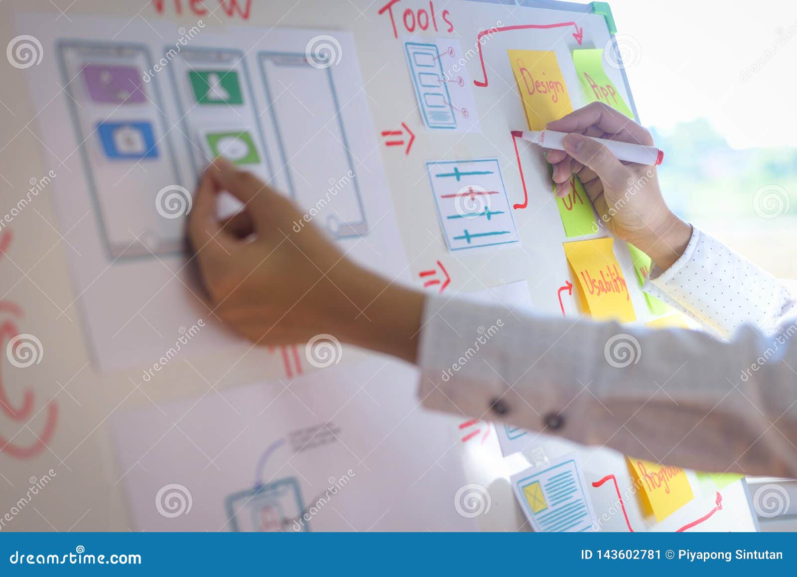 Close-up Hand of Designer Woman Sort Layout of Drawing Application for ...