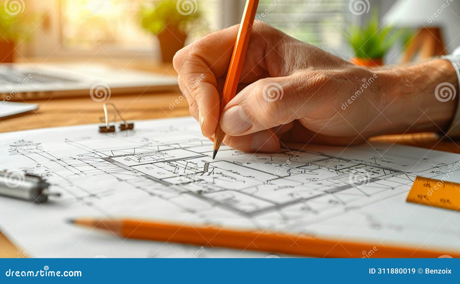 Close-up of a Hand Drawing Architectural Plans Stock Image - Image of ...