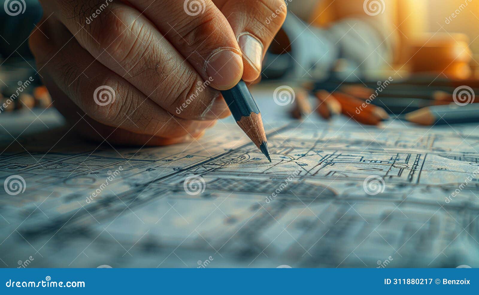 Close-up of a Hand Drawing Architectural Plans Stock Image - Image of ...