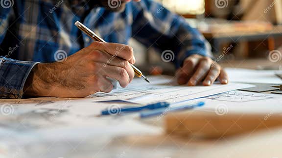 Close-up of a Hand Drawing on a Blueprint Stock Illustration ...