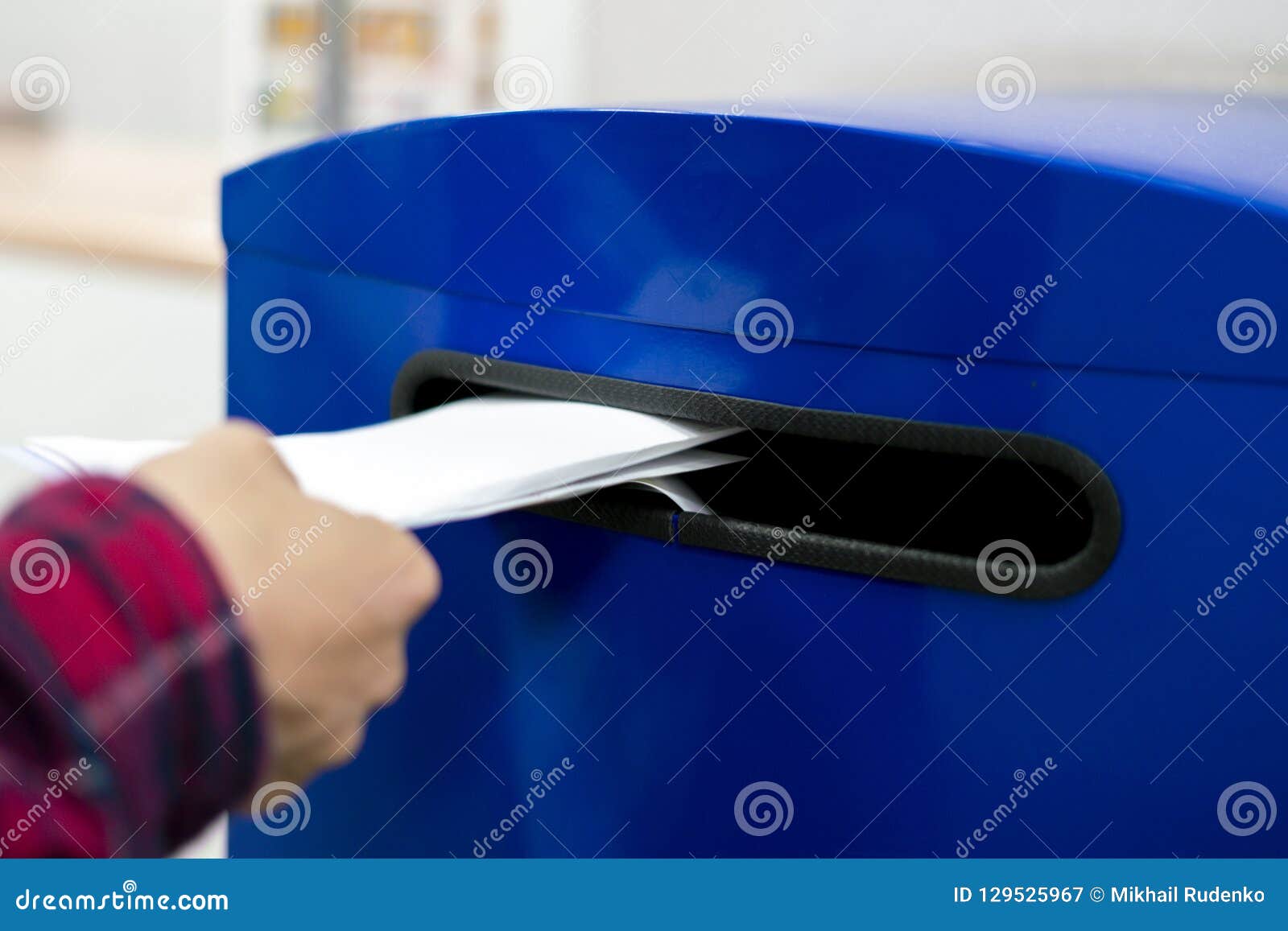 Close Up Hand Drop Letter and Documents in the Blue Postbox in Post ...