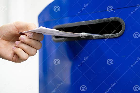 Close Up Hand Drop Letter and Documents in the Blue Postbox in Post ...
