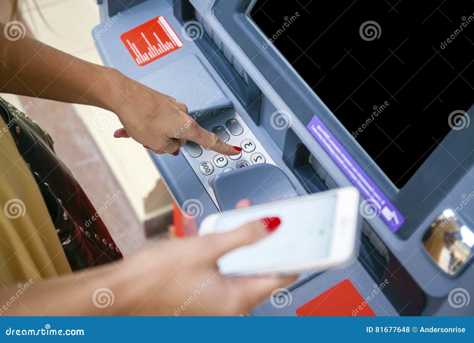Close Up of Hand Entering Pin at an ATM. Finger about To Press a Stock ...