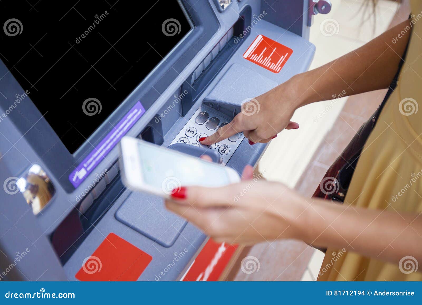 Close Up of Hand Entering Pin at an ATM. Finger about To Press a Stock ...