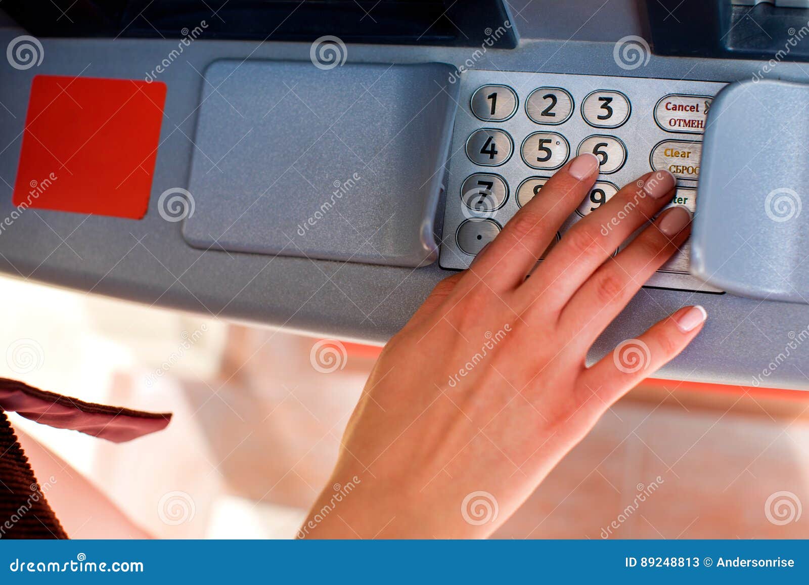 Close Up of Hand Entering Pin at an ATM. Finger about To Press a Stock ...
