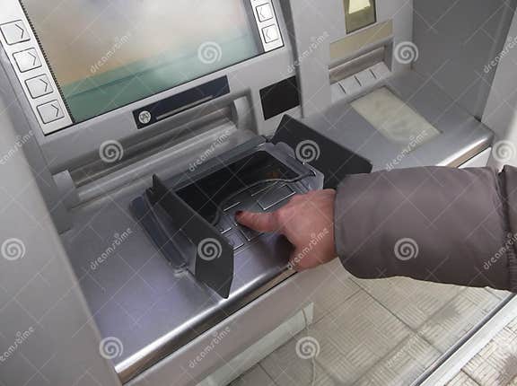 Close Up of Hand Entering Pin at an ATM. Finger about To Press a Pin ...