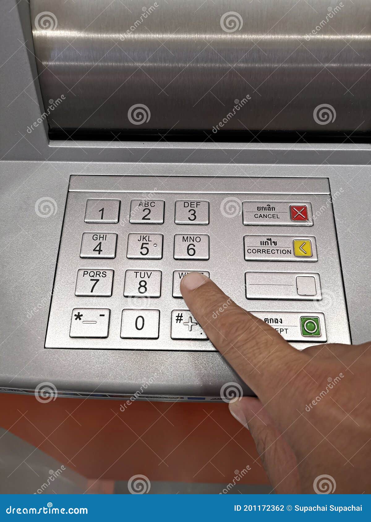 Close-up of Hand Entering PIN Pass Code on ATM Bank Machine Keypad ...